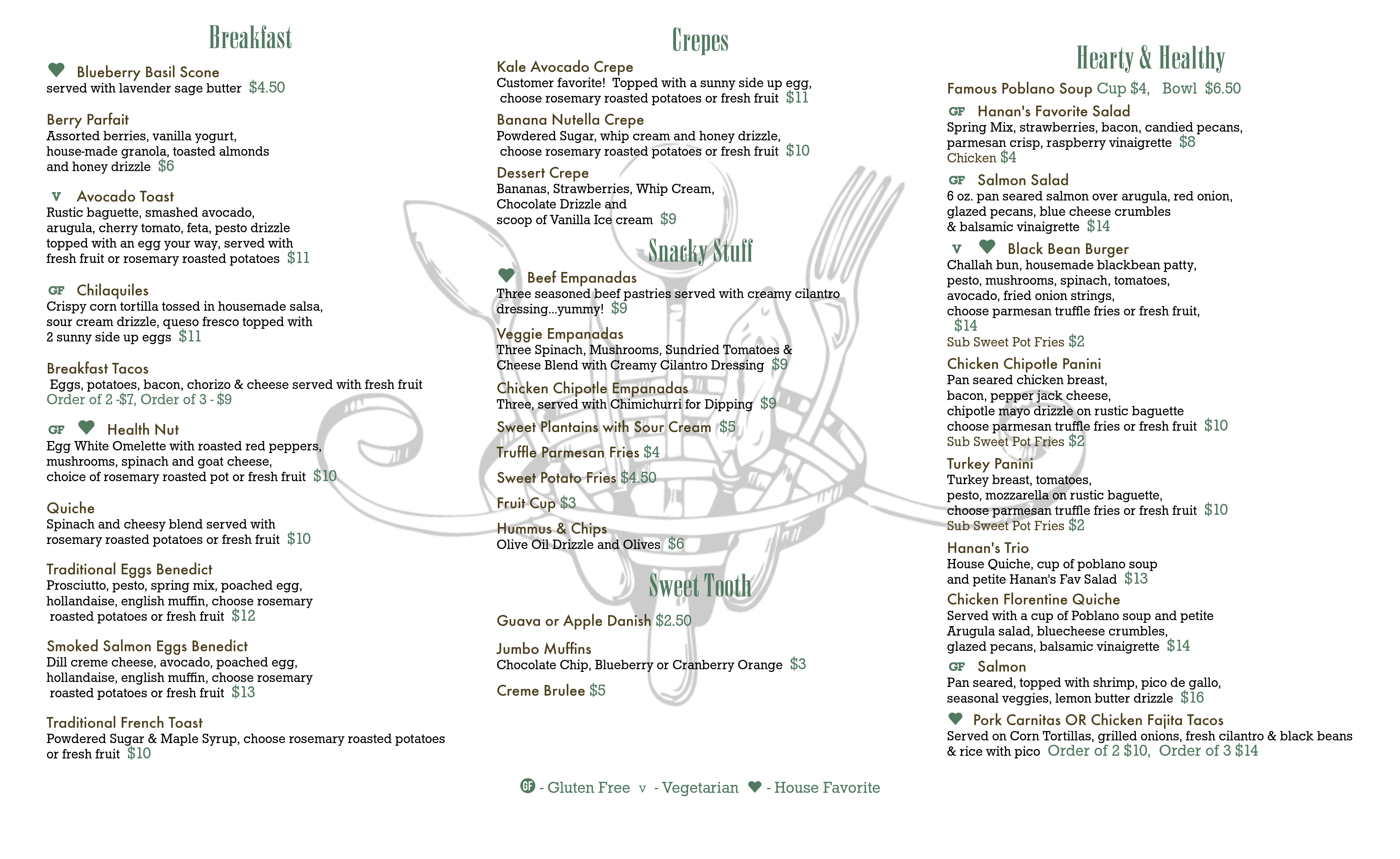 IN HOUSE MENU | Hanans Cafe