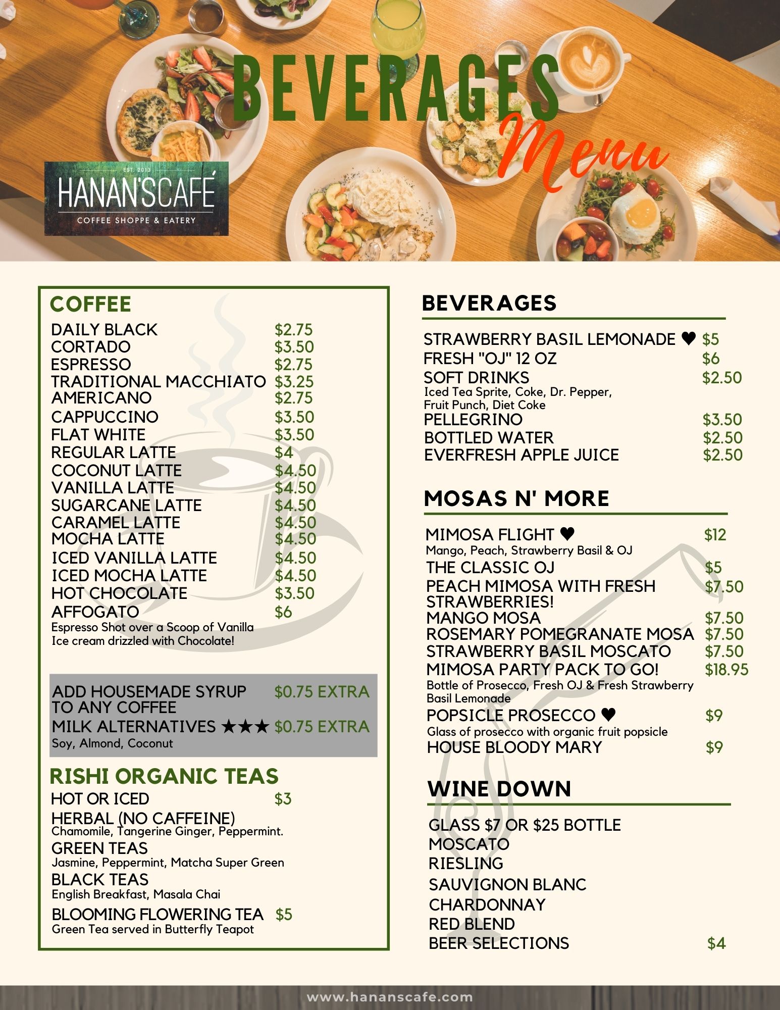 IN HOUSE MENU | Hanans Cafe
